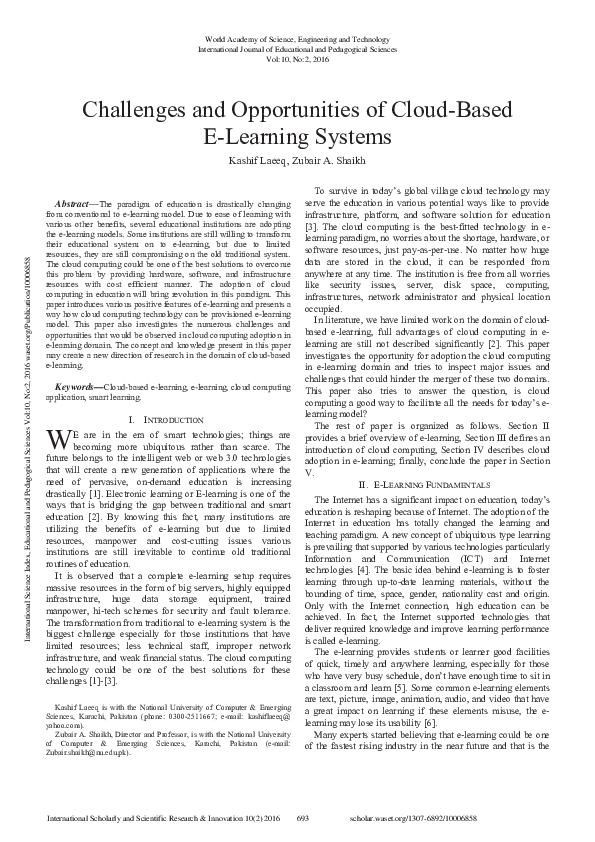 (PDF) Challenges And Opportunities Of Cloud-Based E-Learning Systems
