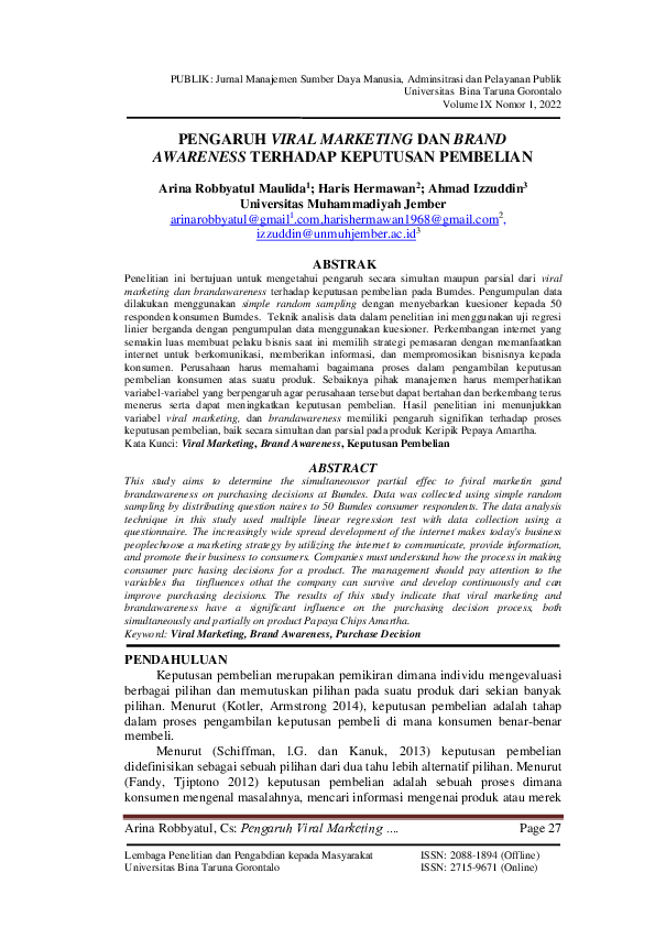 (PDF) Pengaruh Viral Marketing Dan Brand Awareness Terhadap Keputusan Pembelian