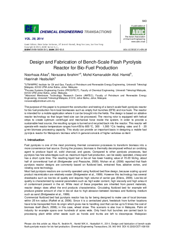 (PDF) Design and fabrication of bench-scale flash pyrolysis reactor for ...