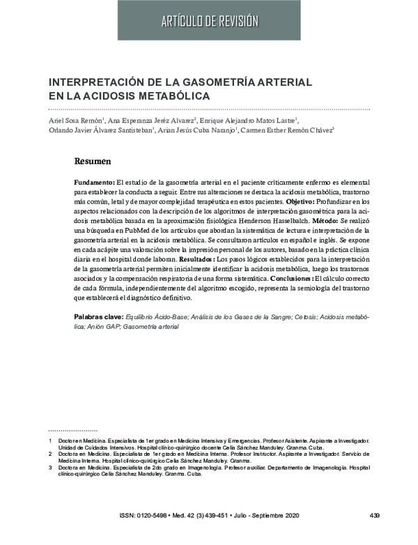 (PDF) Interpretación de la gasometría arterial en la acidosis metabólica