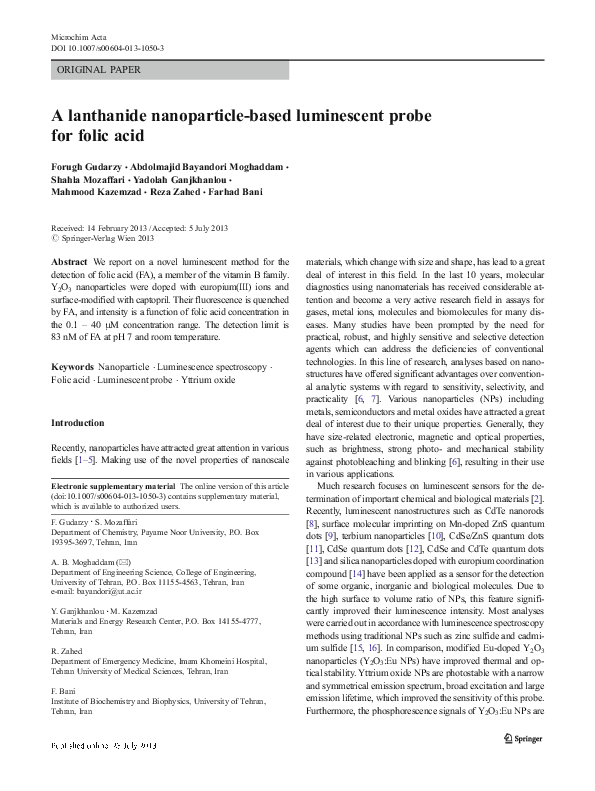 (PDF) A lanthanide nanoparticle-based luminescent probe for folic acid
