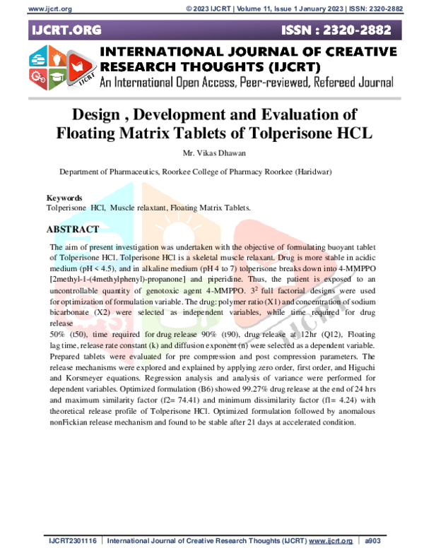 Pdf Design Development And Evaluation Of Floating Matrix Tablets Of Tolperisone Hcl Vikas