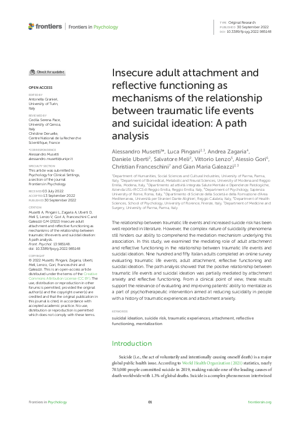 (PDF) Insecure adult attachment and reflective functioning as ...