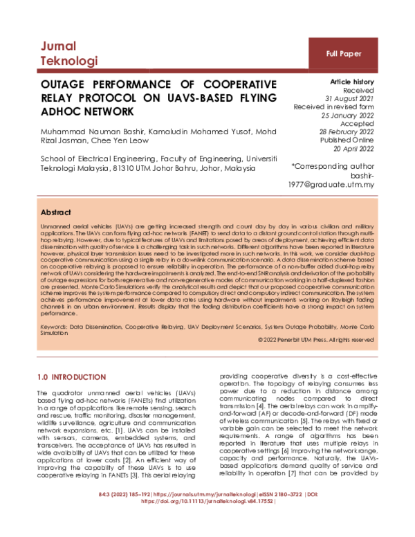 Pdf Outage Performance Of Cooperative Relay Protocol On Uavs Based Flying Adhoc Network