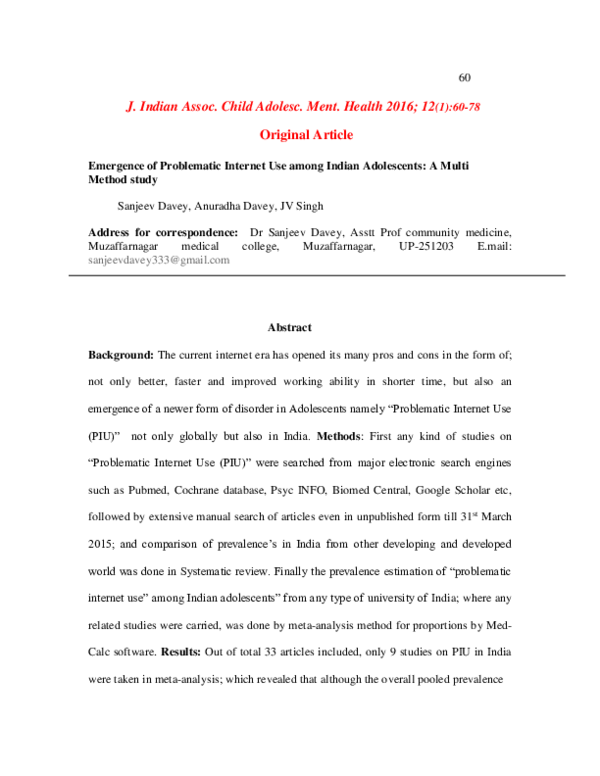 (PDF) Emergence of Problematic Internet Use among Indian Adolescents: A ...