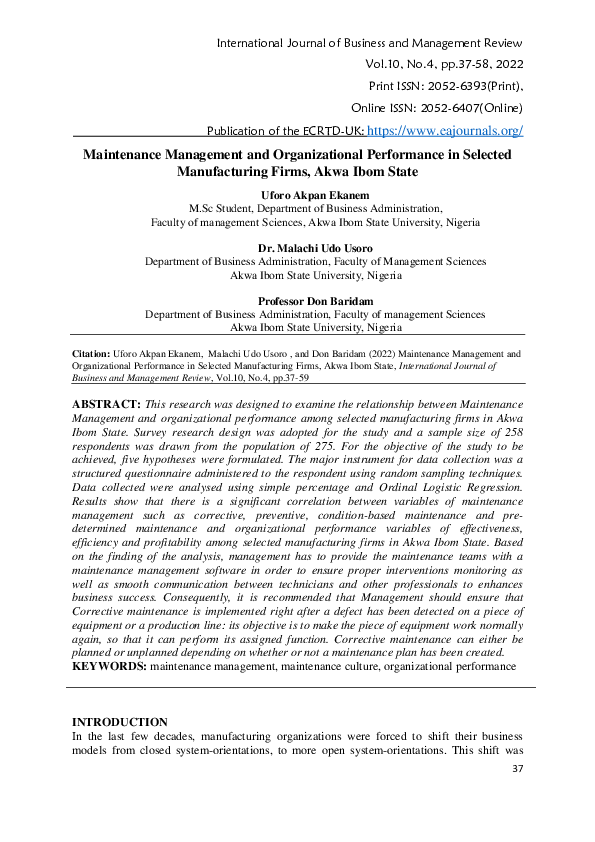 (PDF) Maintenance Management and Organizational Performance in Selected Manufacturing Firms ...