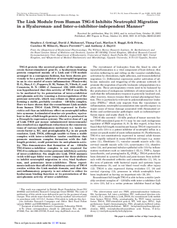 (PDF) TSG-6 Link Module Independently Inhibits Neutrophil Migration