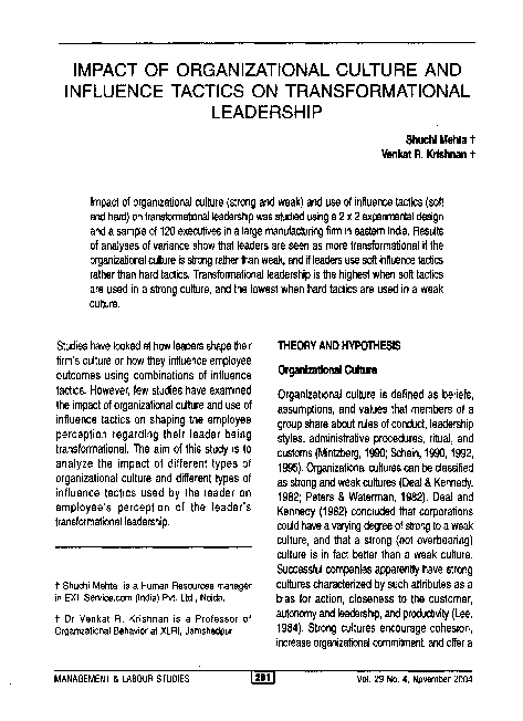 (PDF) Impact of Organizational Culture and Influence Tactics on Transformational Leadership
