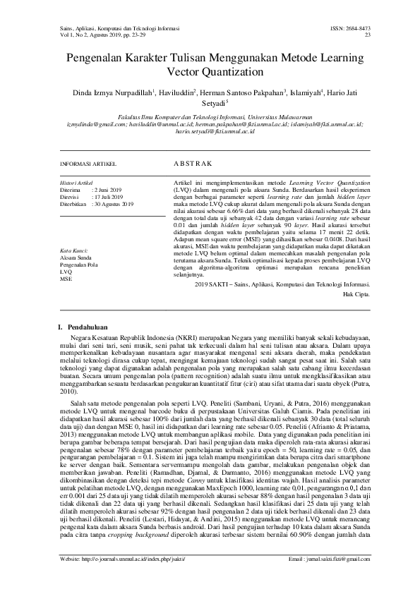(PDF) Pengenalan Karakter Tulisan Menggunakan Metode Learning Vector Quantization