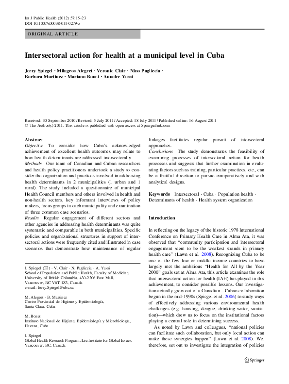 (PDF) Intersectoral action for health at a municipal level in Cuba ...