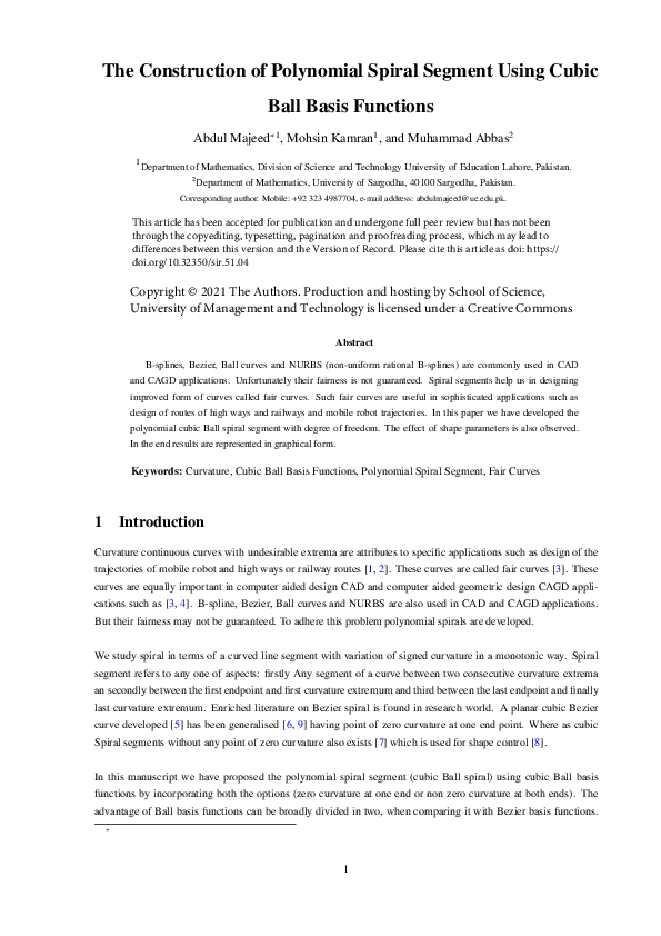 Pdf The Construction Of Polynomial Spiral Segment Using Cubic Ball