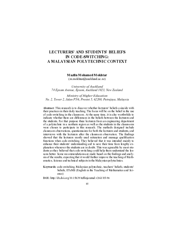 (PDF) Lecturers’ and Students’ Beliefs in Code-Switching: A Malaysian ...