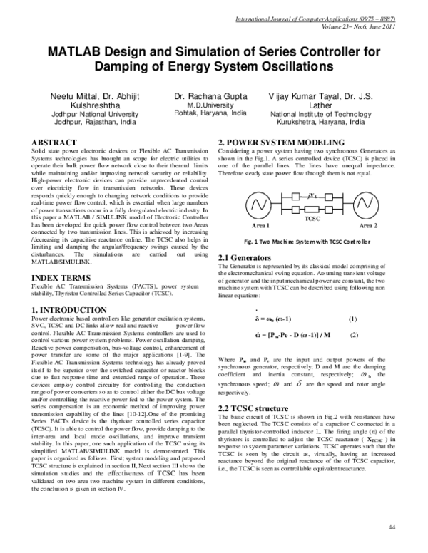 Matlab Design And Simulation Of Series Controller For Damping Of Energy System Oscillations