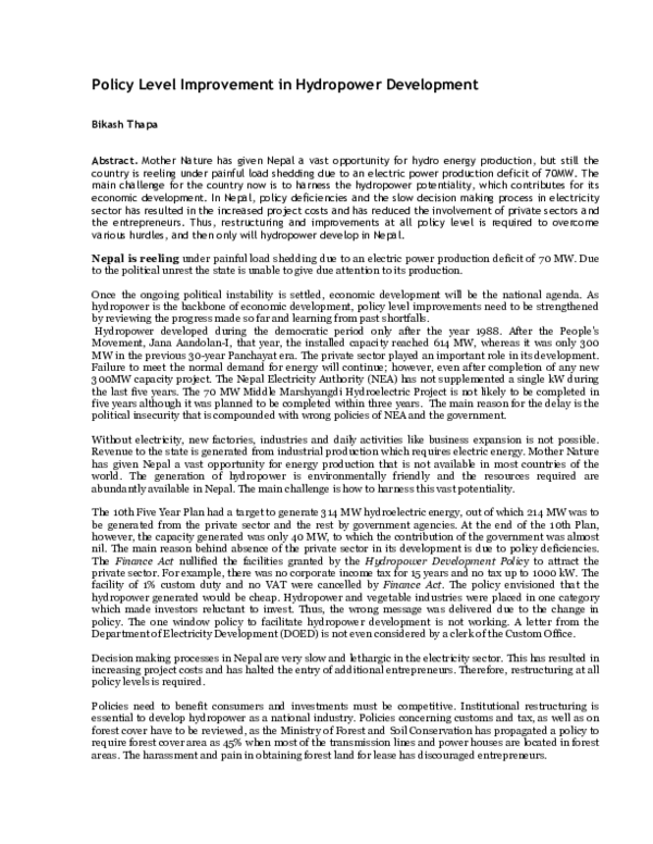 (PDF) Policy Level Improvement in Hydropower Development