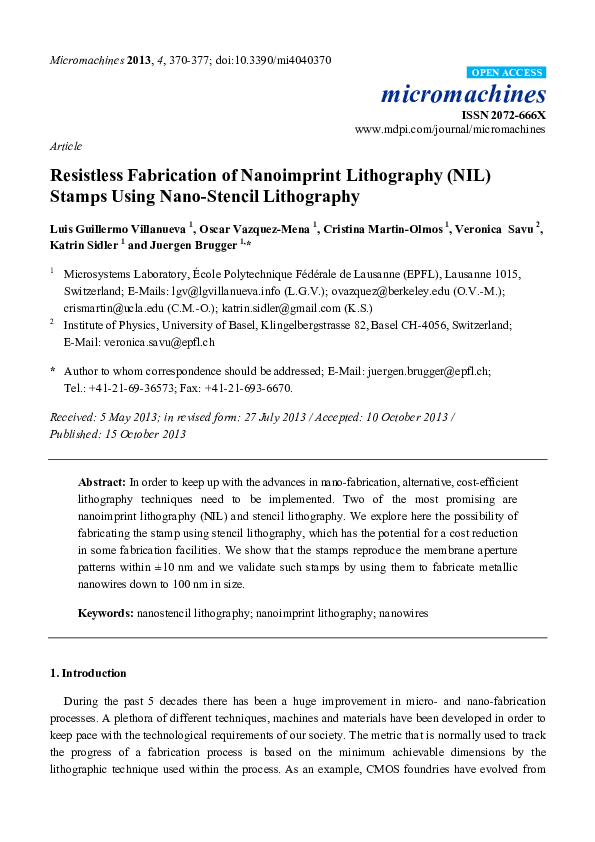(PDF) Resistless Fabrication of Nanoimprint Lithography (NIL) Stamps ...