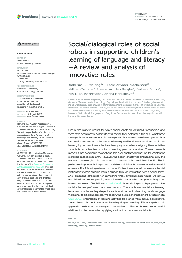 (PDF) Social/dialogical roles of social robots in supporting children’s ...