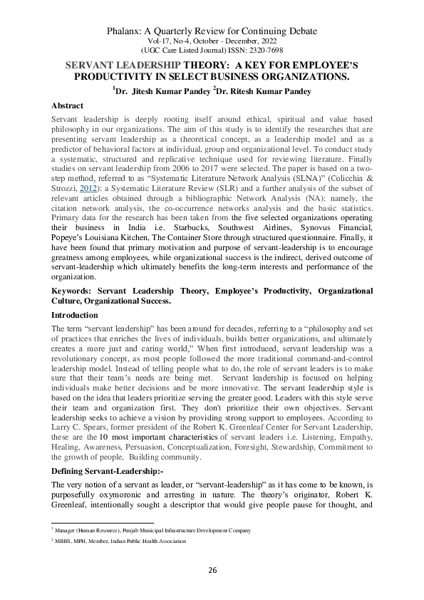 (PDF) Servant Leadership Theory: A key for Employee’s Productivity in ...