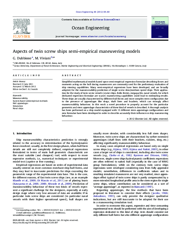 (PDF) Aspects of twin screw ships semi-empirical maneuvering models