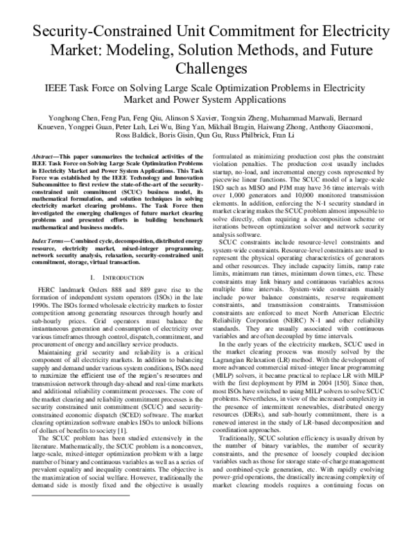 Pdf Security Constrained Unit Commitment For Electricity Market Modeling Solution Methods
