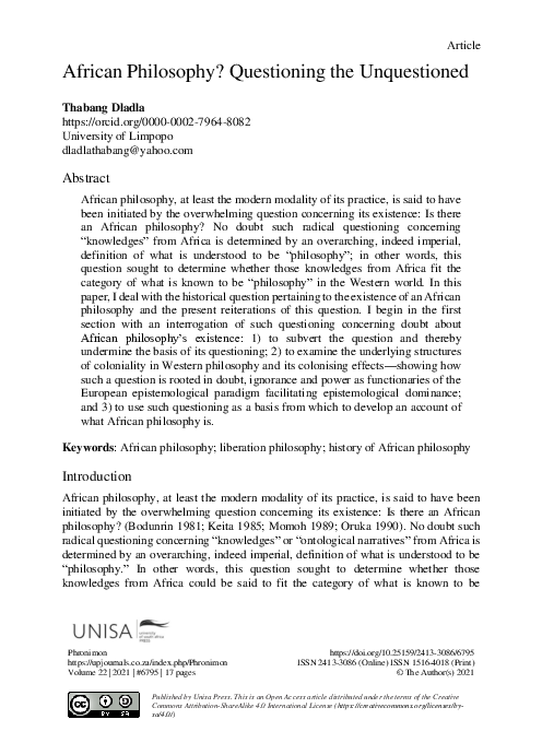 (PDF) African Philosophy? Questioning the Unquestioned