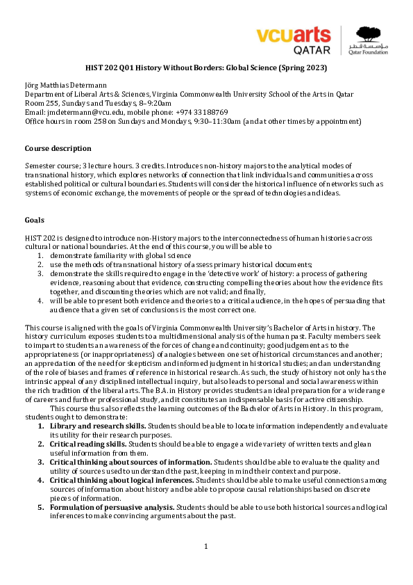 (PDF) HIST 202 Q01 History Without Borders: Global Science (Spring 2023)