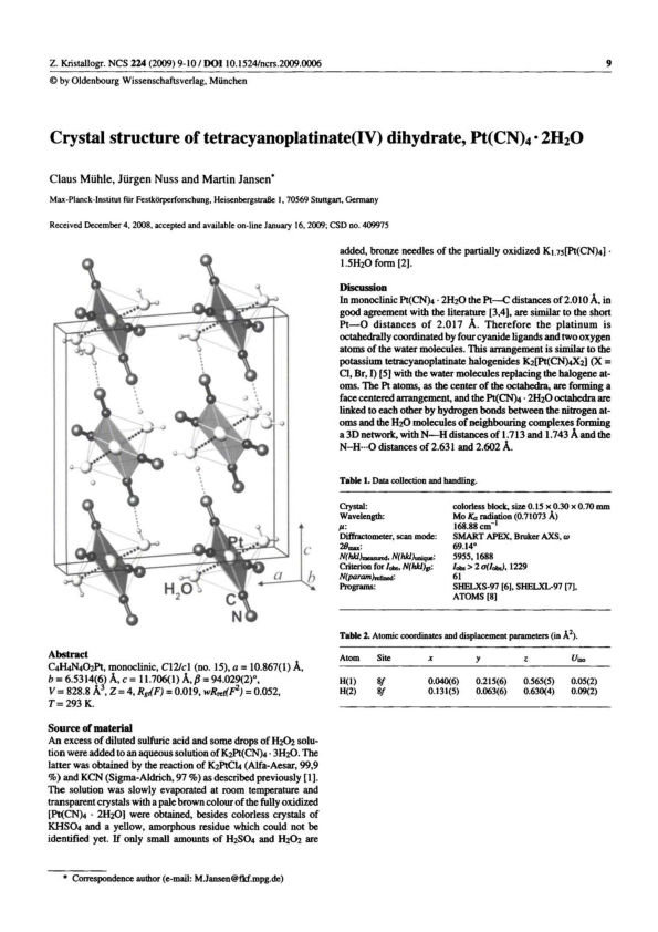(PDF) Crystal Structure Of Tetracyanoplatinate(IV) Dihydrate, Pt(CN)4 ...