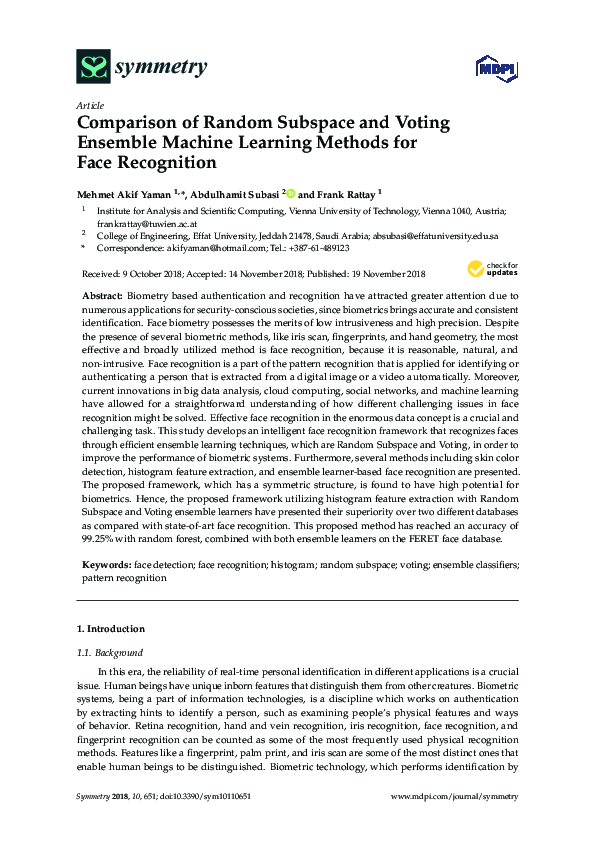 (PDF) Comparison of Random Subspace and Voting Ensemble Machine Learning Methods for Face ...