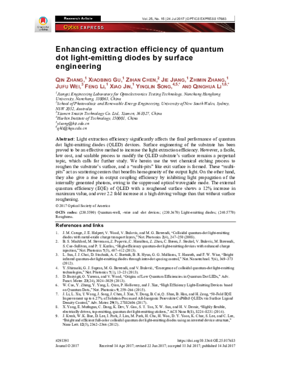 (PDF) Enhancing extraction efficiency of quantum dot light-emitting diodes by surface engineering