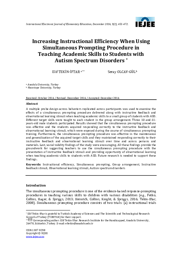 (PDF) Increasing Instructional Efficiency When Using Simultaneous ...