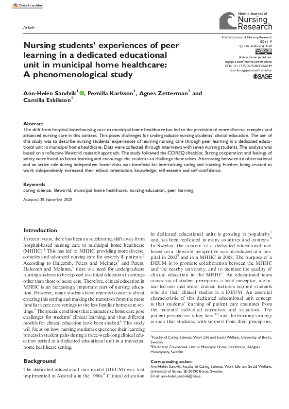 (PDF) Nursing students’ experiences of peer learning in a dedicated ...