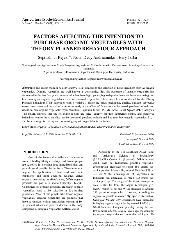 (PDF) Factors Affecting the Intention to Purchase Organic Vegetables with Theory Planned ...