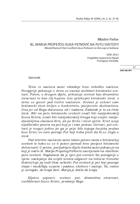 (PDF) Blesed Maria of the Crucified Jesus Petković on the way to holiness