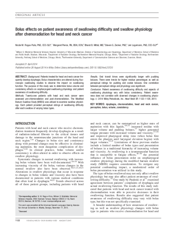 (PDF) Bolus effects on patient awareness of swallowing difficulty and ...