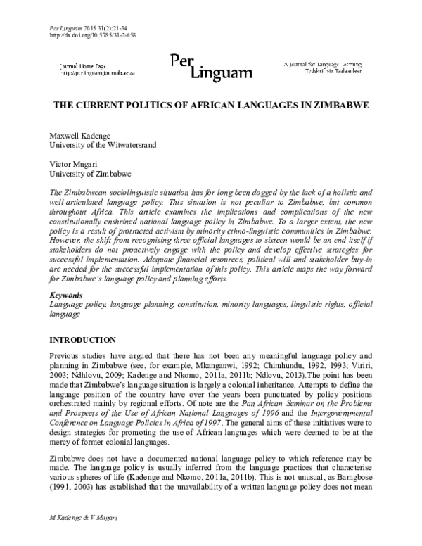 (PDF) The current politics of African languages in Zimbabwe
