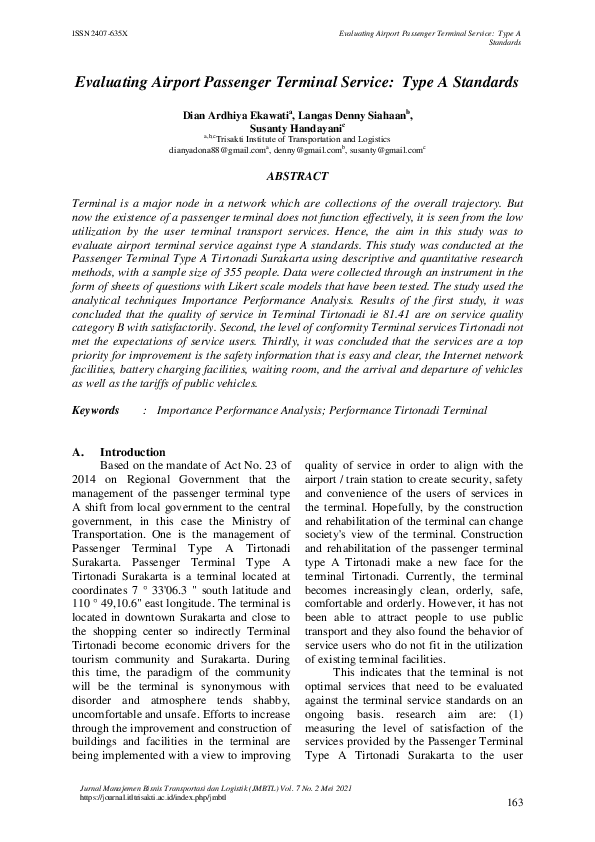(PDF) Evaluating Airport Passenger Terminal Service: Type A Standards
