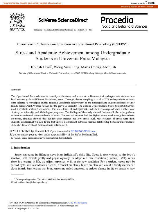 (PDF) Stress and Academic Achievement among Undergraduate Students in Universiti Putra Malaysia