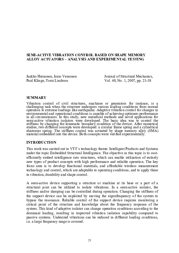 (PDF) Semi-active vibration control based on shape memory alloy actuators: Analysis and ...
