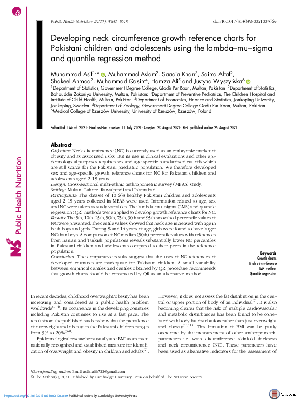 (PDF) Developing neck circumference growth reference charts for Pakistani children and ...