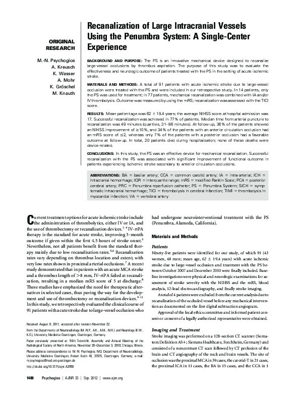 (PDF) Recanalization of Large Intracranial Vessels Using the Penumbra ...