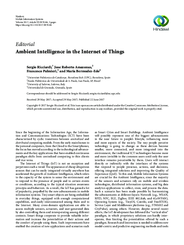 (PDF) Ambient Intelligence in the Internet of Things