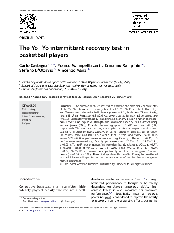 (PDF) The Yo–Yo intermittent recovery test in basketball players