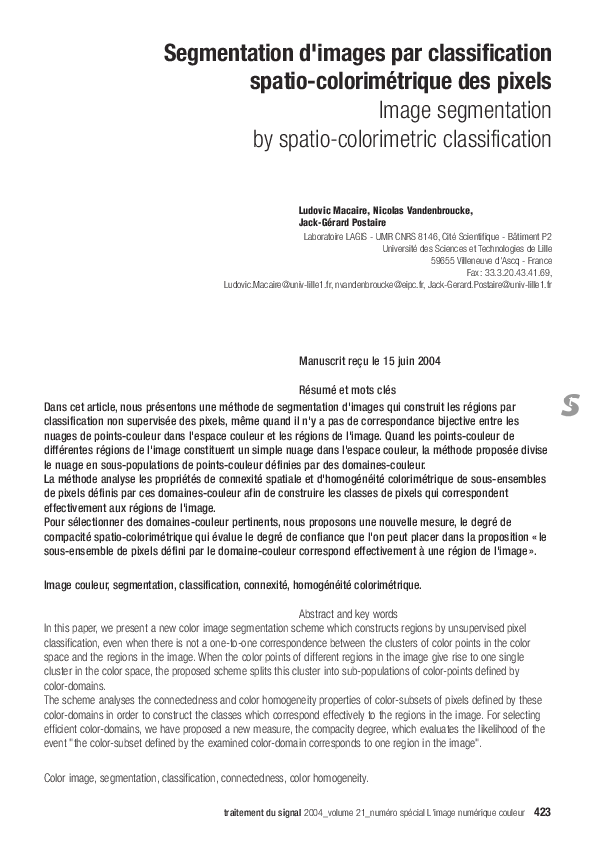(PDF) Segmentation d'images par classification spatio-colorimétrique des pixels Image ...