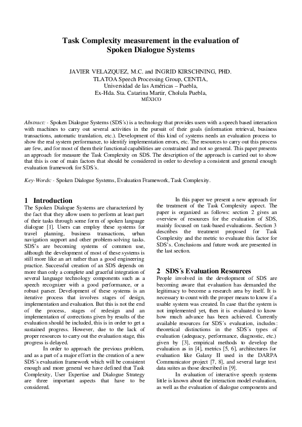 (PDF) Task Complexity measurement in the evaluation of Spoken Dialogue Systems