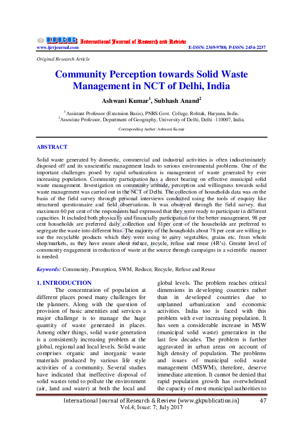 (PDF) Community Perception towards Solid Waste Management in NCT of ...