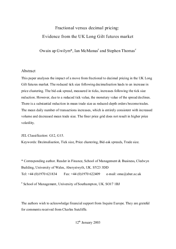 (PDF) Fractional versus decimal pricing: Evidence from the UK Long Gilt ...