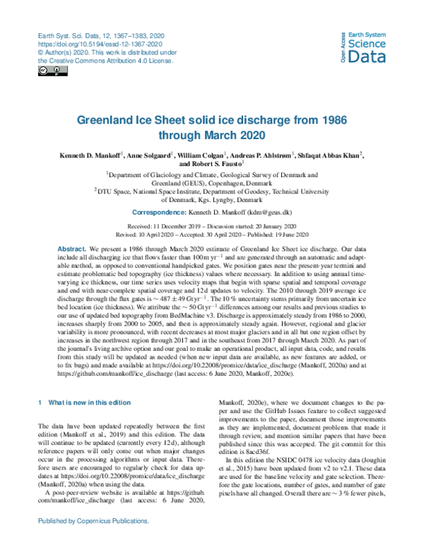 (PDF) Greenland Ice Sheet solid ice discharge from 1986 through 2019
