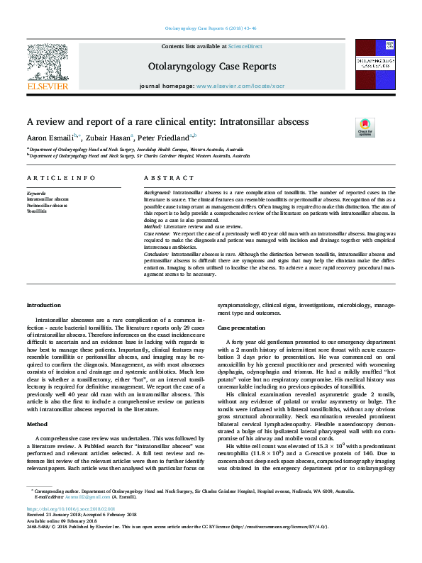 (PDF) A review and report of a rare clinical entity: Intratonsillar abscess
