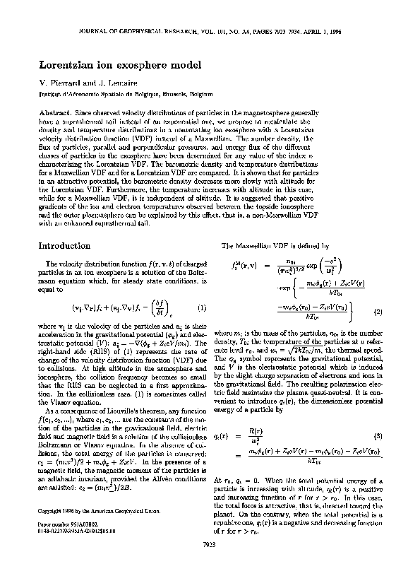 (PDF) Lorentzian ion exosphere model