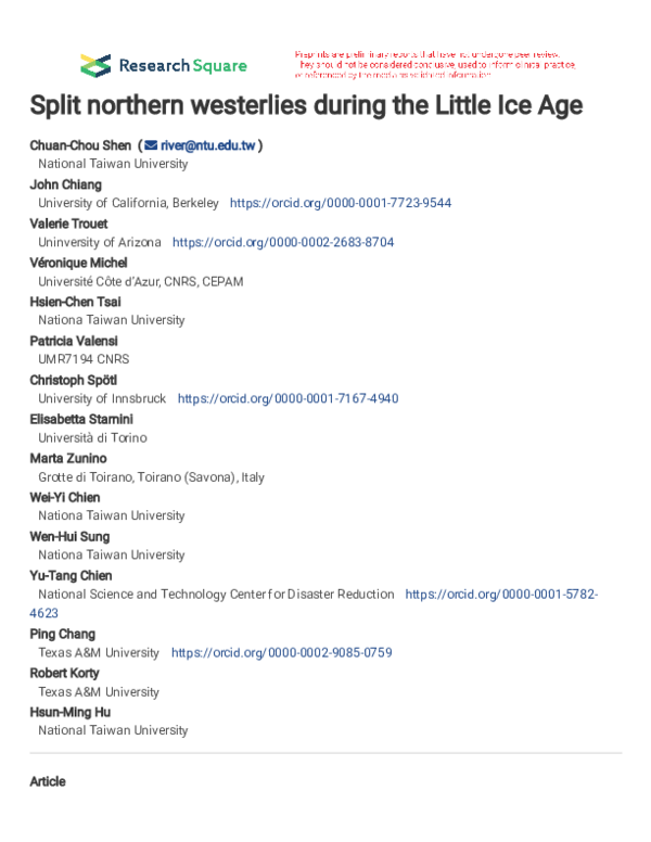 (PDF) Split northern westerlies during the Little Ice Age