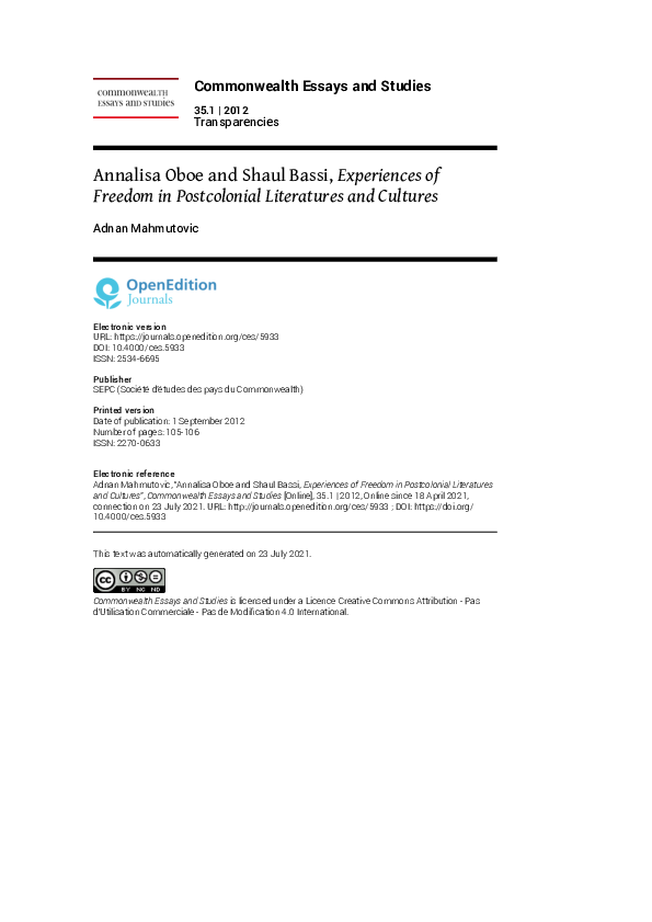 (PDF) Annalisa Oboe and Shaul Bassi, Experiences of Freedom in ...